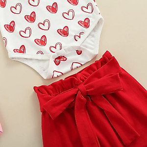 Hnyenmcko Newborn Baby Girl Valentine's Day Outfits Long Sleeve Ruffle Love Heart Print Romper Bow Pants with Headband Holiday Sets 0-24M (Red, 0-6 Months)
