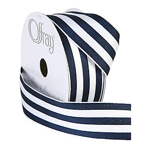 Offray 1.5" Wide Grosgrain Ribbon, 25 Yards, Navy Blue and White Stripe
