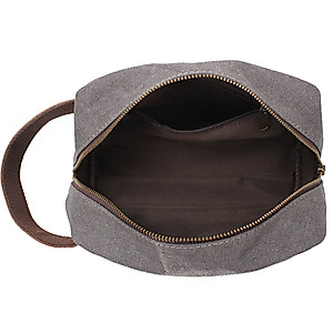 Vintage Leather Canvas Travel Toiletry Bag Shaving Dopp Kit #A001 (Grey)