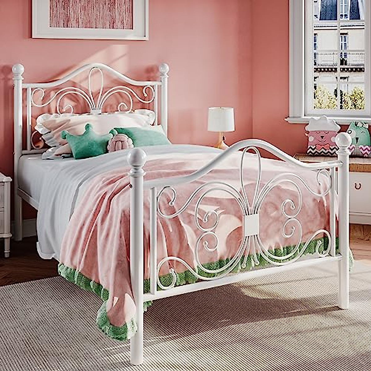 SHA CERLIN Twin Size Bed Frame for Kids,Metal Bed Frame with Butterfly Pattern Design Headboard & Footboard,No Box Spring Needed,Easy Assembly,White