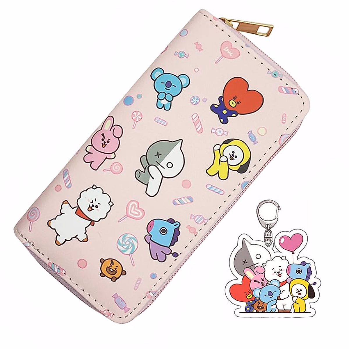 Educatgame Kpop Army Wallet with Bag Charm, Cute Long Zipper Faux Leather Wallet, Cute Stuff/Accessories or Gift for Teen Girls & Women (A)