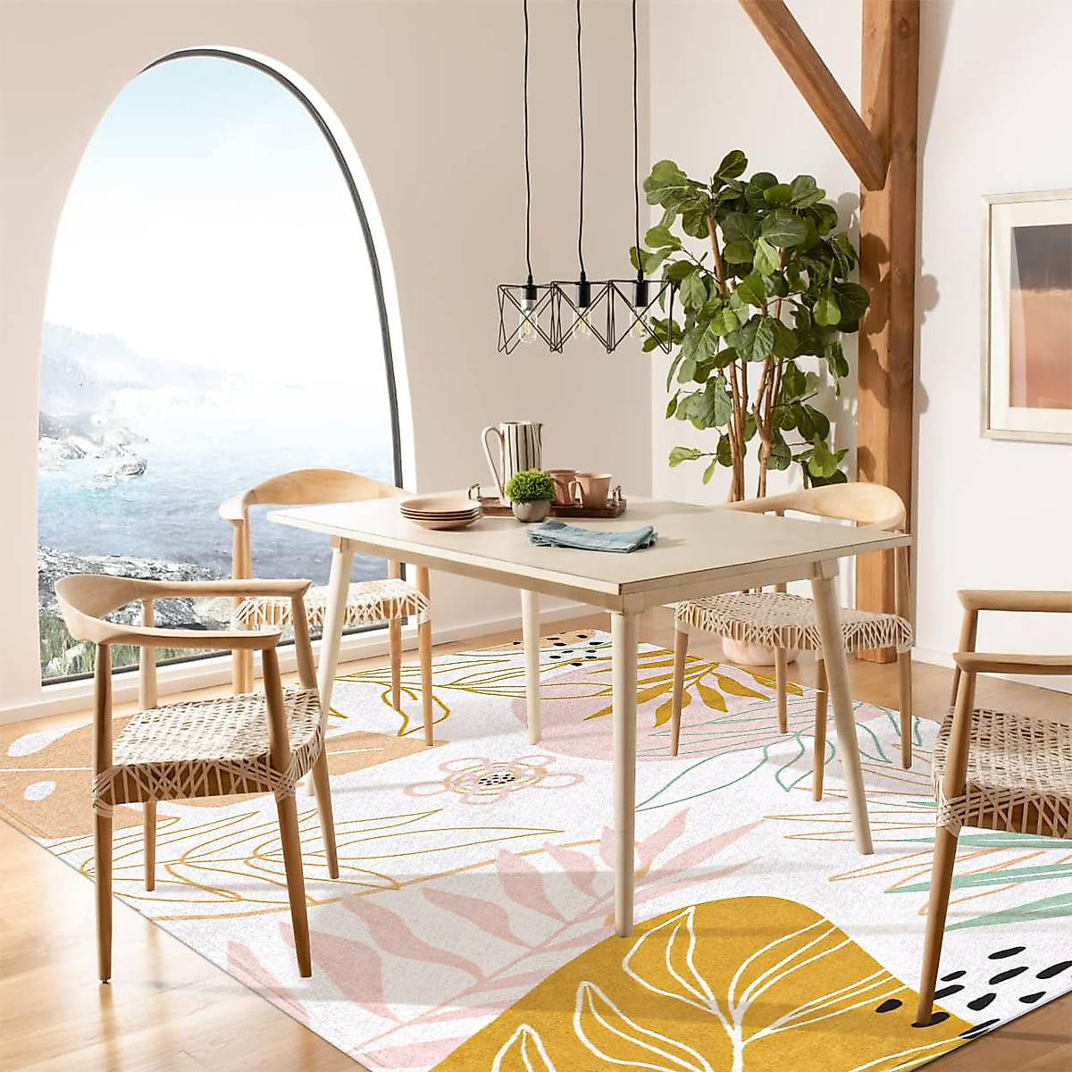 Yamaziot Washable Area Rug 5x7 Non-Slip Pink Boho Rug for Bedroom Cute Soft Throw Kids Nursery Rug, Low Pile Abstract Plant Print Soft Floor Carpet for Bedroom Nursery Classroom Living Room