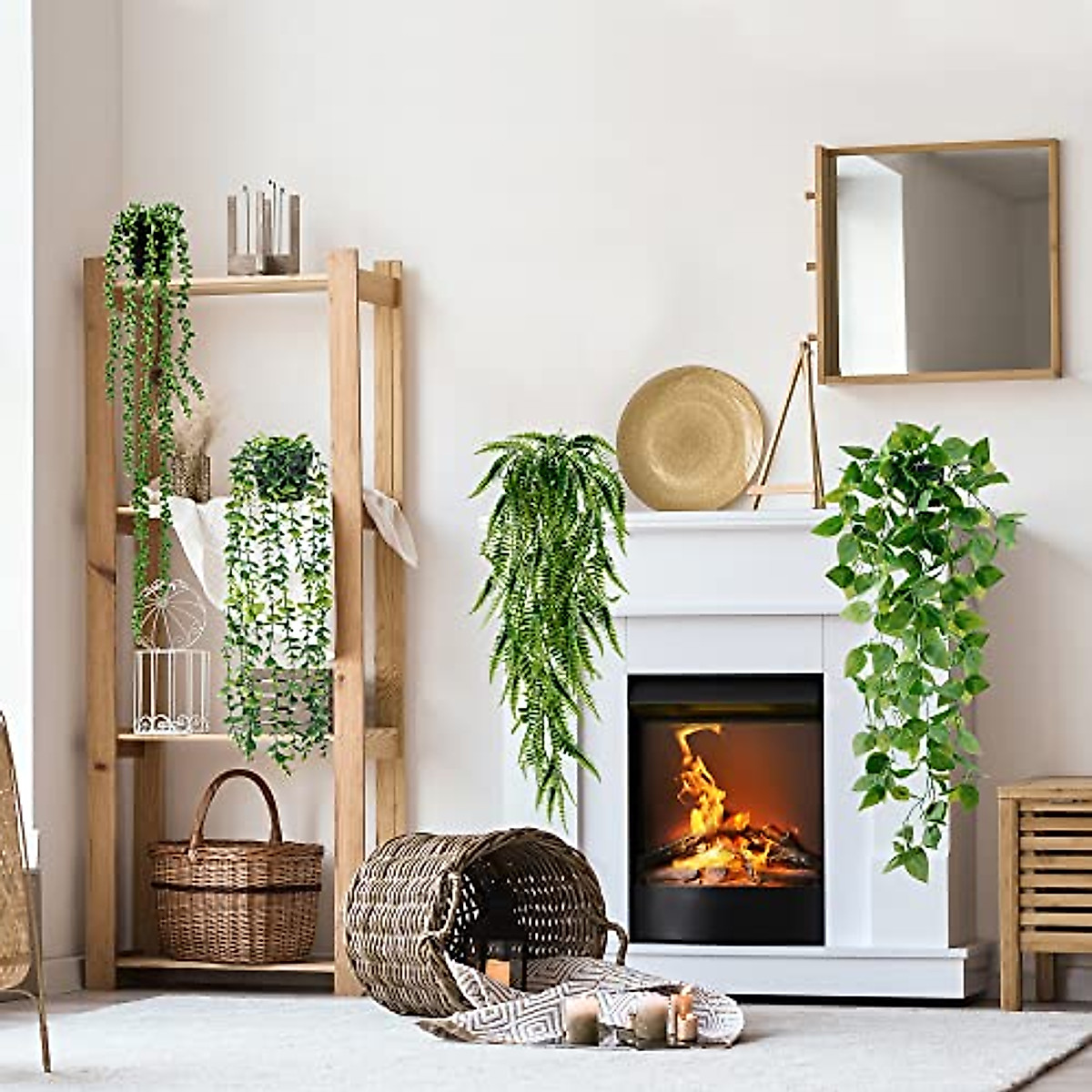 Sggvecsy Fake Hanging Plants 4 Pack Artificial Hanging Plants Fake Potted Greenery Faux Eucalyptus Vine String of Pearls Boston Fern Ivy Vine Leaves for Home Indoor Outdoor Shelf Wall Garden Decor