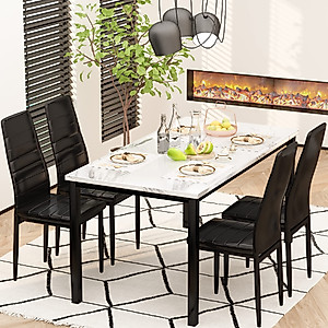 AWQM 5 Pieces Dining Table Set, Dining Room Table Set for 4 for Breakfast Nook, Compact Space, Kitchen Table Set with Faux Marble Pattern Table and 4 PU Leather Upholstered Chairs, White Black
