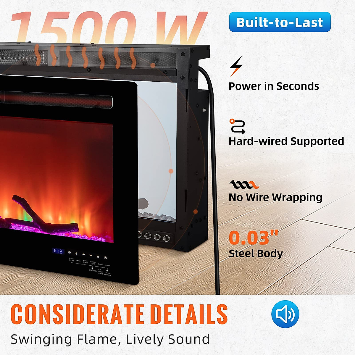 VEVOR Electric Fireplace, 50-inch Wall Mounted and Recessed Fireplace, Fit for 2 x 4 and 2 x 6 Stud, Adjustable Flame Colors and Speed with Remote Control & Timer, Compatible with Alexa, 1500 W, Black