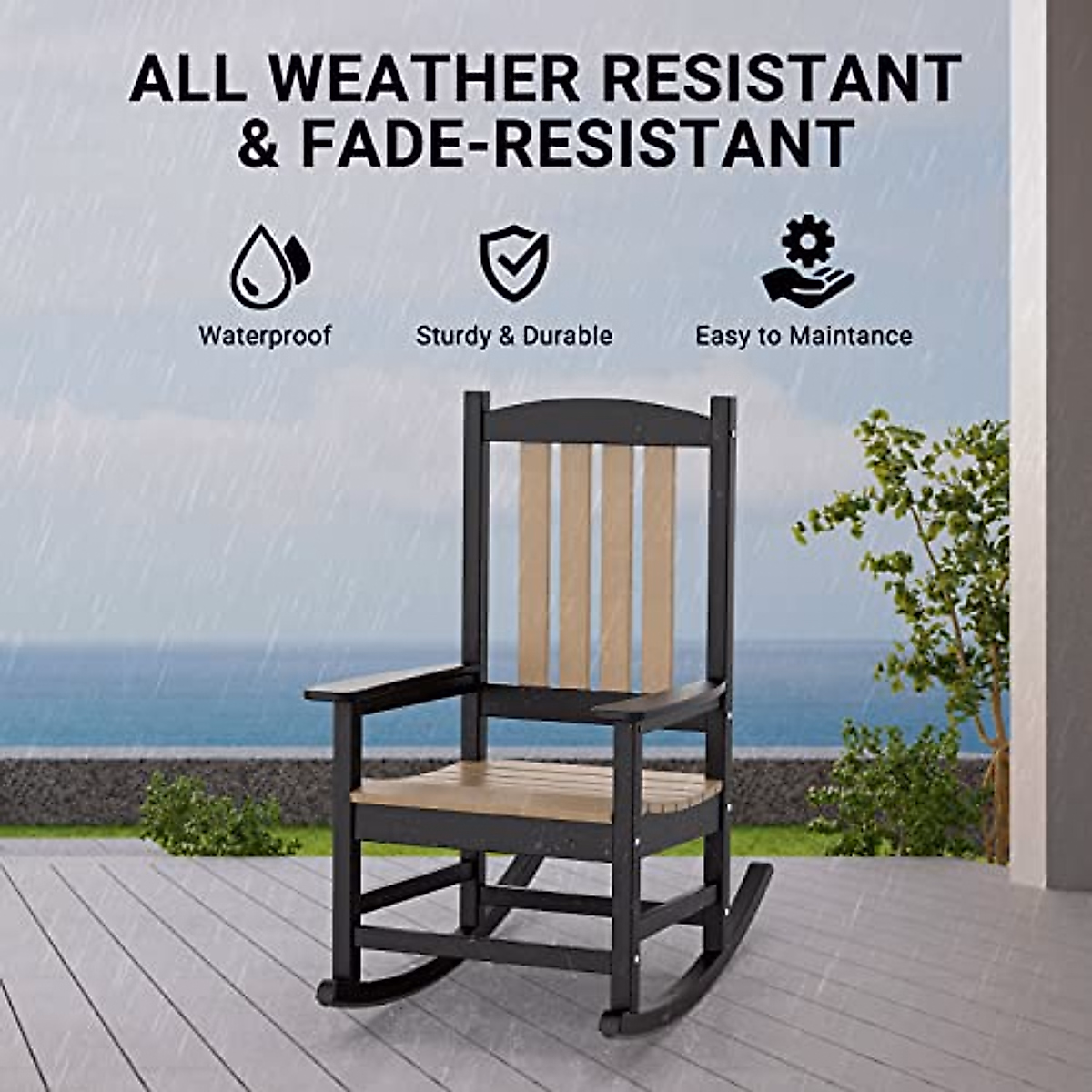 OTSUN Outdoor Rocking Chair, Patio Rocker Chair with High Back, All Weather Resistant Fade-Resistant Front Porch Rocking Chair, Stable Smooth Wood Rocker for Balcony, Yard (Black & Brown)