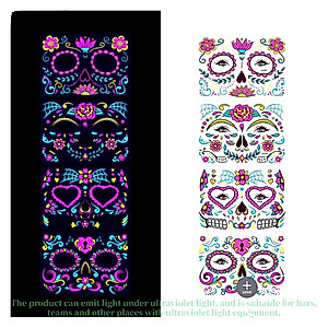 Beilingdun Halloween & Day of the Dead Sugar Skull Glowing Temporary Face Tattoos (8 Packs),Roses Spider Net and Floral Black Skeleton Web Red Roses Full Face Mask Tattoo for the halloween &Night Party