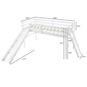 VINGLI Loft Bed with Slide, Twin, Space Saving Kids Low Loft Bed with Guardrail and Ladder, Pine Wood and Sturdy Bed Frame for Boys and Girls, White