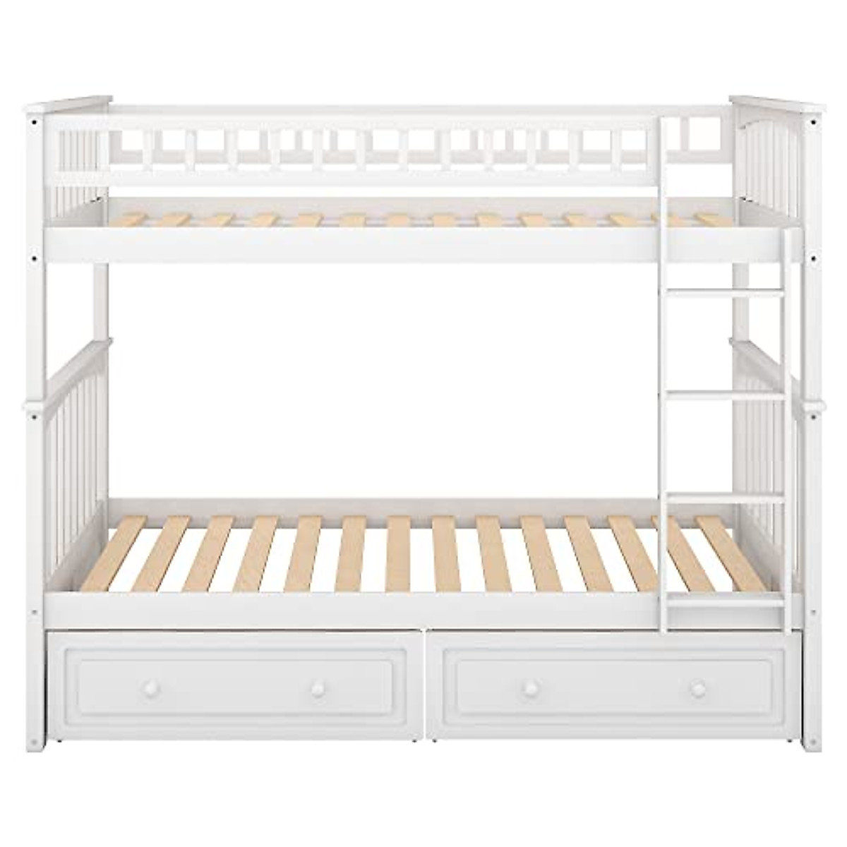 GLORHOME Twin Over Twin Wood Convertible Bunk Bed with Storage Drawers and Full Length Safety Guard Rails,Space Saving Bedroom Furniture, Can Be Converted into 2 Beds