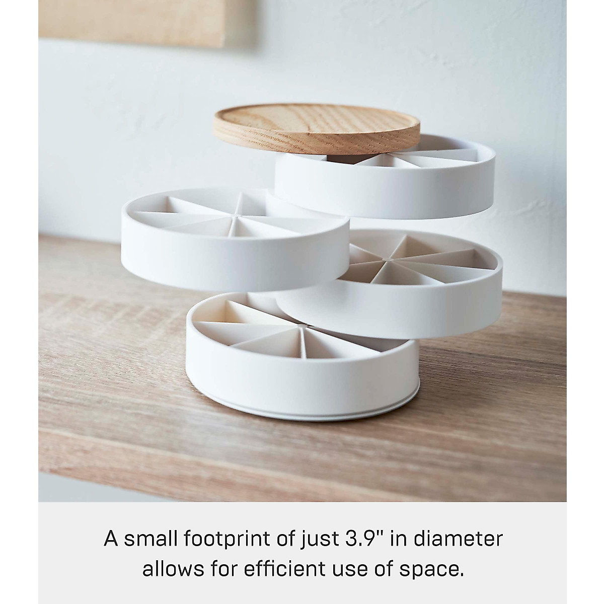 Yamazaki Home Tosca Sectioned Jewelry Organizer Nail Art Supplies Earring Accessories Storage Holder Rotating Display with Removable Trays - Sectioned - Plastic + Wood