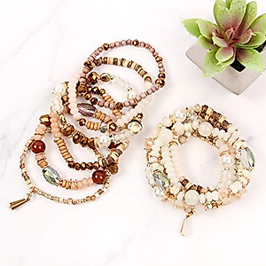 RIAH FASHION Bead Multi Layer Versatile Statement Bracelets - Stackable Beaded Strand Stretch Bangles Sparkly Crystal Mix, Tassel Charm (Light Purple)