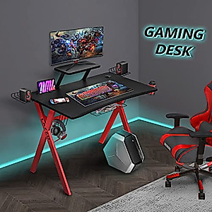 OKL 42” Gaming Desk- Home Office Computer Table, Black Carbon Fiber Gamer Workstation with Monitor Support，Headphone Hook，Pad Groove，Cable Management Holes，Storage Basket for PS4 Xbox (Red)