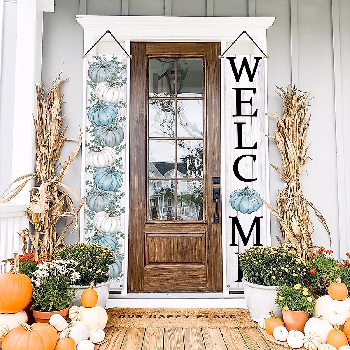 CROWNED BEAUTY Thanksgiving Pumpkin Porch Banner Sign Fall Welcome 12x70 Inch Indoor Outdoor Seasonal Hanging Front Door Farmhouse Wall Decoration CS077-12