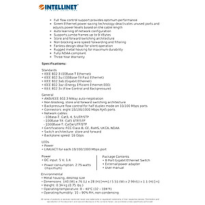 Intellinet 8-Port Gigabit Ethernet Network Switch - Ethernet Splitter - Unmanaged | Plug & Plug | Fanless Metal Housing - for Computer Networking Hub, Desktop – 3 Year Warranty – 530347