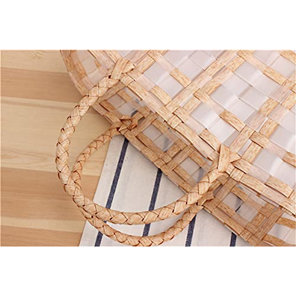 Women Straw Tote Bag Handmade Rattan Transparent Handbag Beach Handwoven Shoulder Bag Large Capacity Shopping Bag (Pink,L)