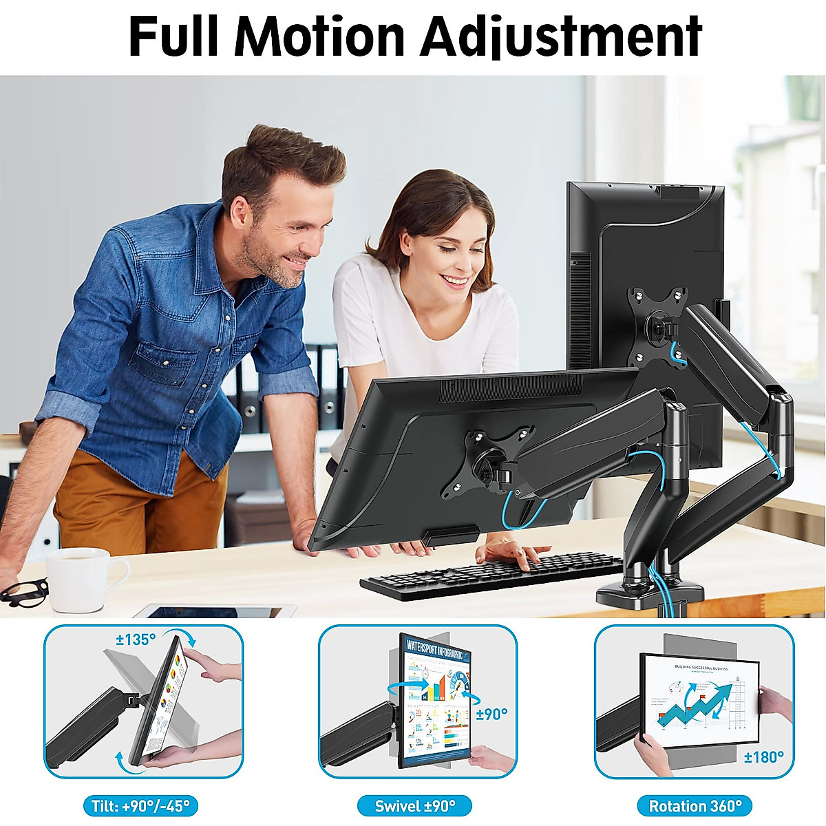 MOUNTUP Gas Spring Triple Monitor Stand + Full Motion Dual Monitor Desk Mount Bundle