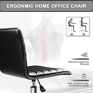 OFIKA Armless Office Desk Chair, Adjustable Task Chair, Low Back Faux Leather Ribbed Swivel Chair, Home Computer Chair Retro with Wheels, Vanity Chair，Black