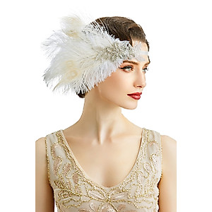 BABEYOND Women's Peacock Gatsby Party Wedding Headband with Ribbon Flapper Costumes Accessories Peacock Headband with Feather Apricot