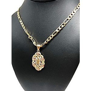 Tri-Color Virgin Mary Flower Pendant Necklace 26" Virgen de Guadalupe Medalla Tres Colores Con Flores