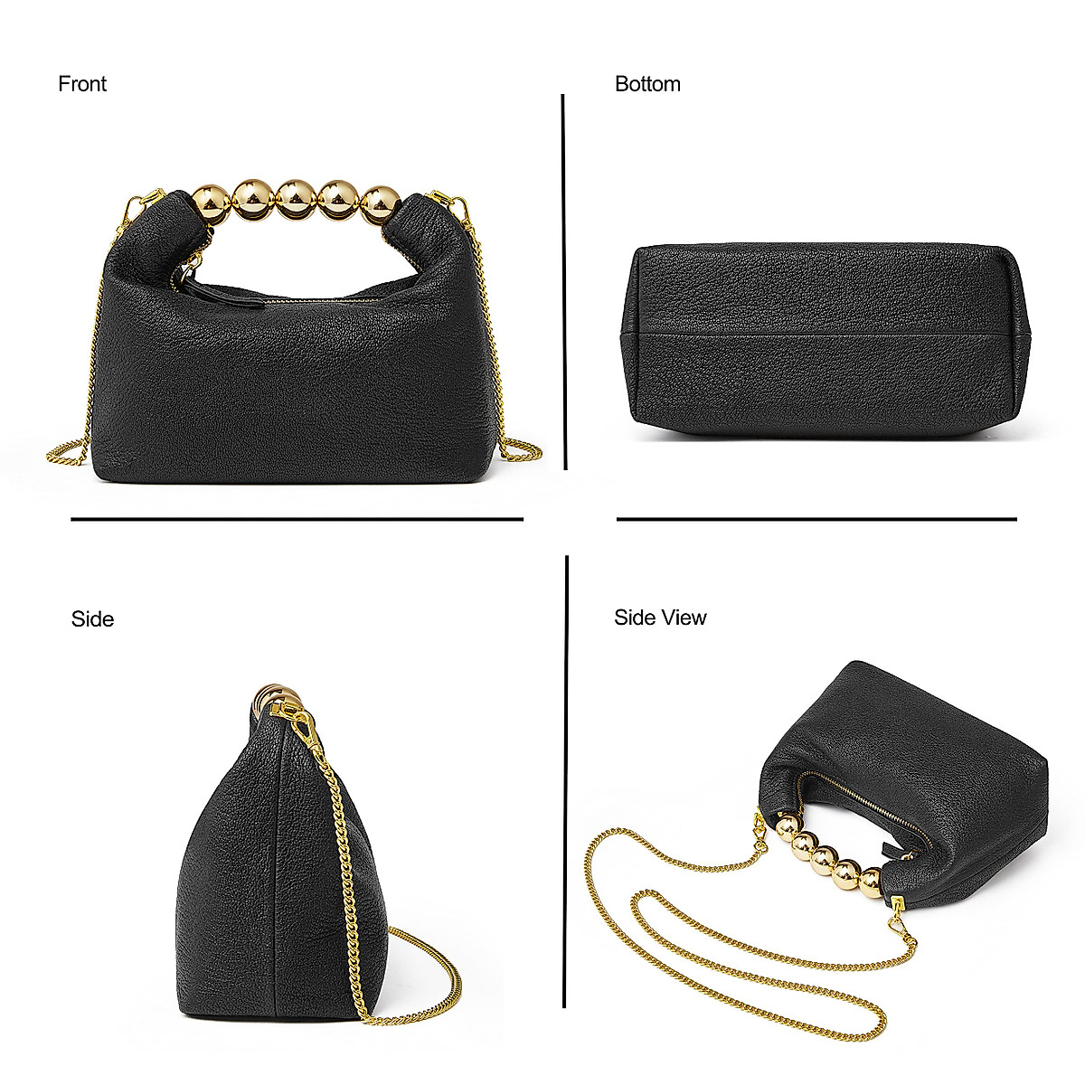 DORIS&JACKY Small Top Handle Clutch Bag Women Designer Goatskin Crossbody Purse With Pearl Handle And Detachable Metal Chain (Black)