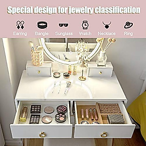 CHARMAID Vanity Set with Touch Screen Dimming Mirror, 3 Color Lighting Modes, Dressing Table with 4 Sliding Drawers, Modern Bedroom Makeup Table and Cushioned Stool Set for Women Girls (White)