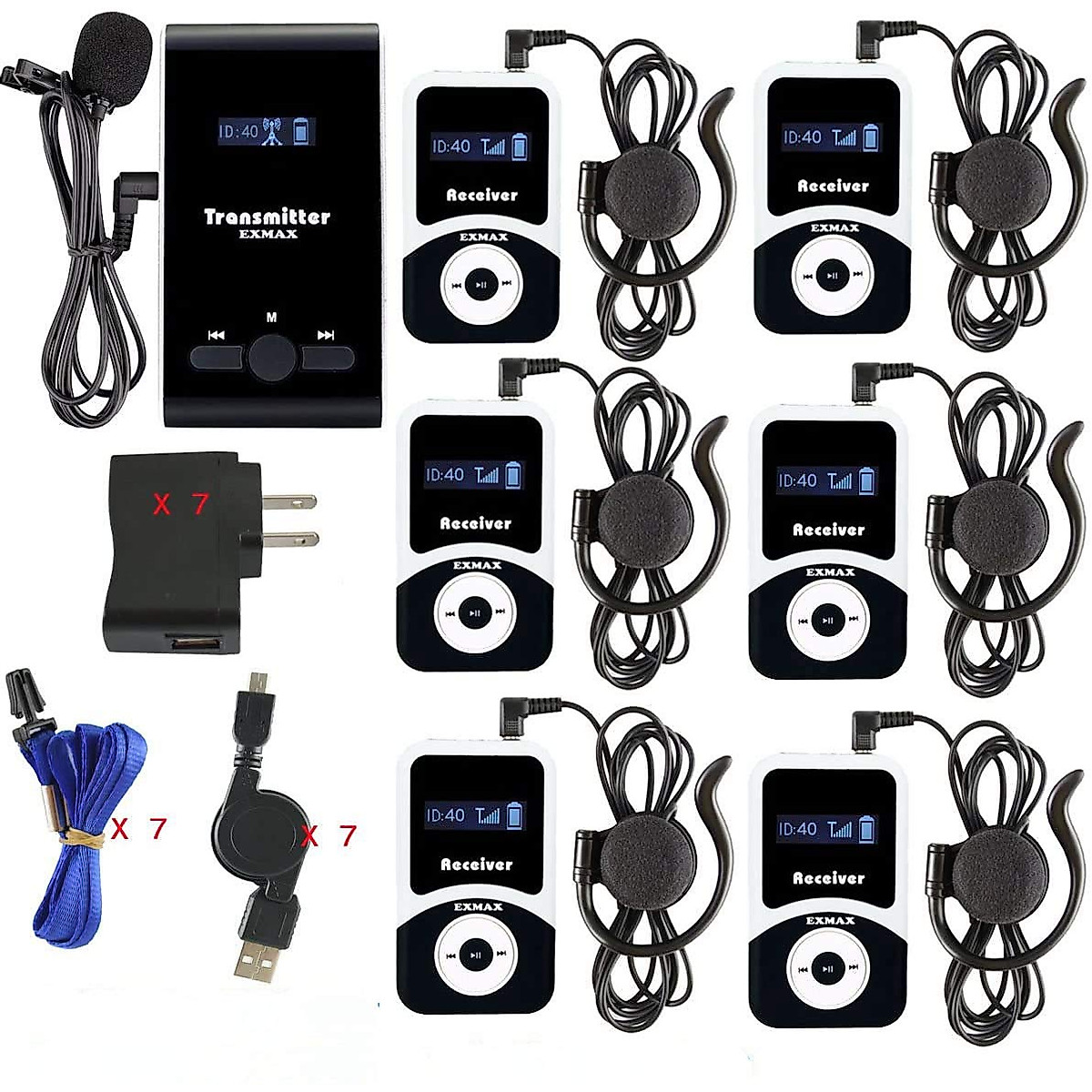 EXMAX ATG-100T 195MHz Wireless Tour Guide System Headsets Voice Transmission For Simultaneous Church Translation Translator Interpretation Equipment Teaching Conference Trip(1 Transmitter 6 Receivers)