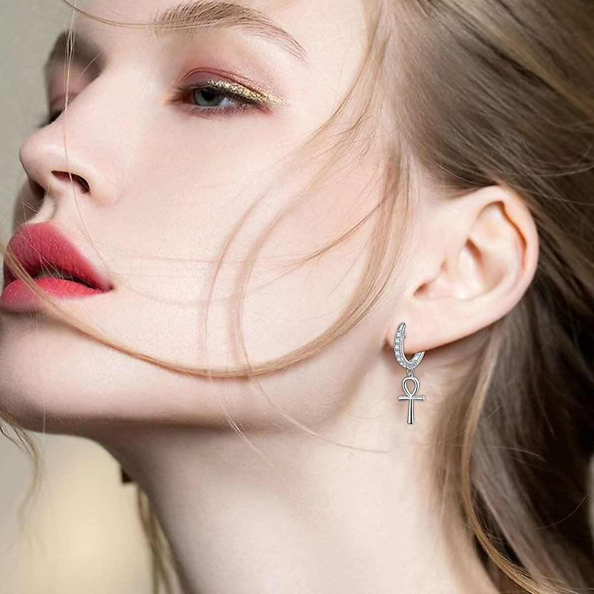 S925 Sterling Silver Ankh Cross Huggie Hoop Dangle Drop Earrings for Women Men Jewelry