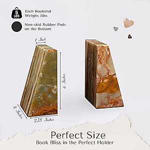 Modern Wedge Marble Bookends – Hand Carved, Polished Stone Bookends w/Non-Slip Rubber Pads – Lightweight & Compact Decorative Bookends (Whirl Green Onyx)