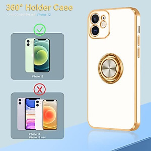 Fingic iPhone 12 Case with 360° Rotatable Ring Holder Magnetic Kickstand, Shiny Plating Gold Edge, Slim Soft TPU Shockproof Protective Cover for Women, Men, White