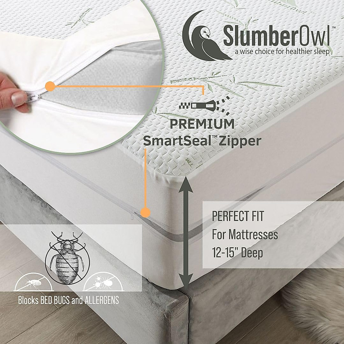 SlumberOwl Viscose derived from Bamboo Zippered Mattress Encasement – Waterproof, Cooling & Soft (King) 12-15" Deep