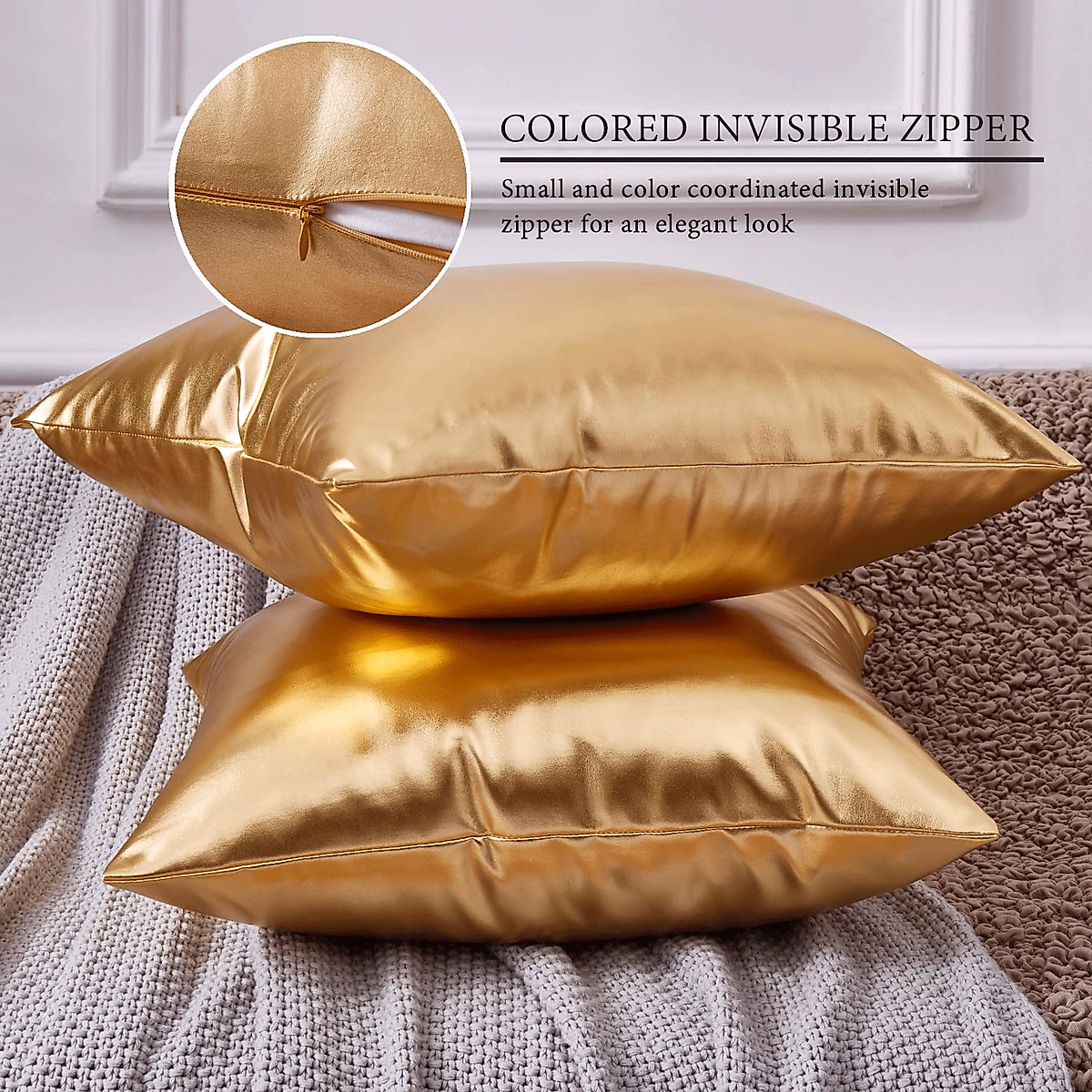 EUCIOR Decorative Pillow - 18x18 Gold Metallic Shiny Cushion Cover, Modern Throw Pillows for Bed, Couch, Sofa