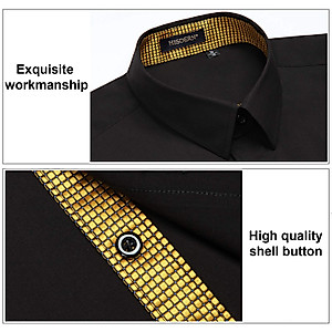 HISDERN Mens Black Dress Shirts Long Sleeve Casual Formal Button Down Shirt for Men Black Gold Plaid Inner Contrast Button Up Club Shirt