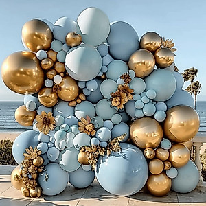 Captank Dusty Blue Balloon Garland - Pastel Blue Double Stuffed Slate Blue Balloons Different Sizes Blue Gold Balloon Garland Kit for Boy Birthday Baby Shower Wedding Anniversary Party Decorations