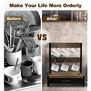 waaliji Coffee Mug Holder for Countertop, Coffee Pod Drawer Tray Station with 6 Hooks and 35 Capsules Capacity, Rustic Wood Cup Hanger Organizer for Kitchen Coffee Bar, Black