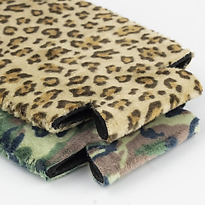 BAGnoREGio Short Plush Beer Can Cooler Sleeves, Soft Velvet Neoprene Insulated Coozie for Soda Beverage Cans, 6-Pack Collapsible Thermocoolers with 1PC Key Bottle Opener (Camouflage,Leopard)