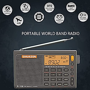 SIHUADON R108 Shortwave AM FM Radio LW MW AIR Band DSP Full Band Portable Radio Battery Operated with Sleep Timer Alarm Clock 500 Memories preset Stations for Family by RADIWOW (Grey)