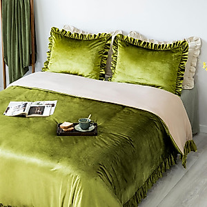 Velvet Duvet Cover Set Retro Ruffle Flounces Trim Luxurious Solid Olive Green Farmhouse Vintage Comforter Cover Bedding Sets, Matching Shams for Home Bedroom Decor Olive Green, Queen 90"x90"