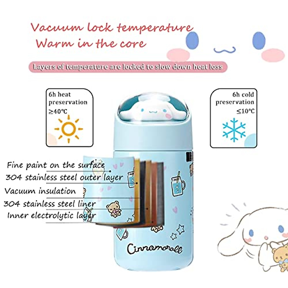 Roffatide Anime Cinnamoroll Cute Stainless Steel Vacuum Thermos Water Bottle Mug for Girls Women Hot & Cold for Hours Insulated Bottle Gift for Birthday Christmas Blue