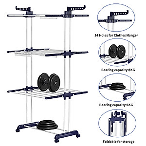 Rbitroise Clothes Drying Rack,Clothes Drying Rack Foldable,Drying Rack Clothing Folding,4-Tier Laundry Drying Rack for Clothes,Rolling Clothes Horses Dryer Rack,-Dark Blue