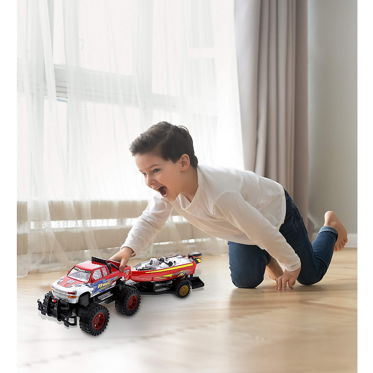 Mozlly Monster Truck Toys Set with Trailer Toy Boat - Friction Powered Hauling Truck and Trailer Toy, Big Toy Monster Truck with Boat, Adventure Truck Pulling Boat Toy Monster Trucks for Kids - 9 Inch