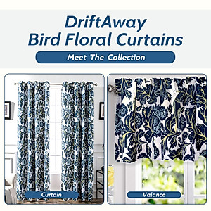 DriftAway Bird Tree Floral Flower Leaf Lined Thermal Insulated Energy Saving Window Curtain Valance for Living Room Bedroom Kitchen 2 Layer Rod Pocket 52 Inch by 14 Inch Plus 2 Inch Header Navy