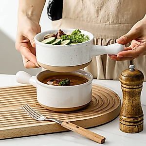 HVH French Onion Soup Bowls With Handles Microwave Safe, Ceramic Soup Bowl Set of 4, 15 Oz Soup Crocks for Oatmeal, Stew, Chili, Dessert, Farmhouse Style (White)