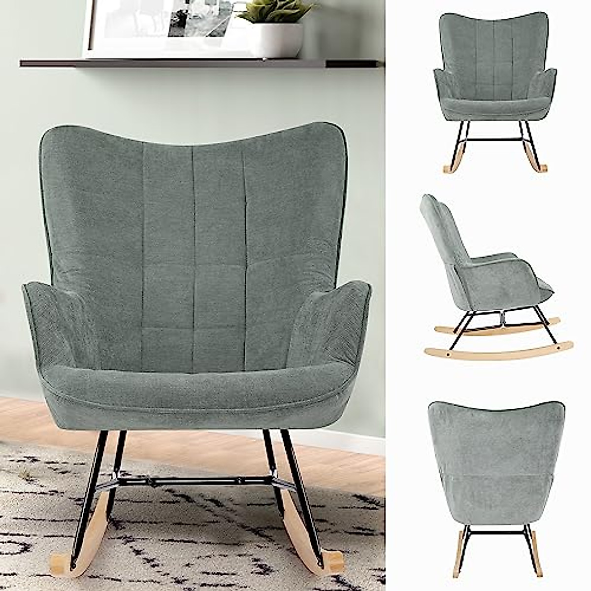 DAGONHIL Nursery Rocking Chair Armchair for Mom and Baby Modern Glider Chair with Soft Seat and High Backrest for Nursery Living Room Bedroom Balcony Offices Grey