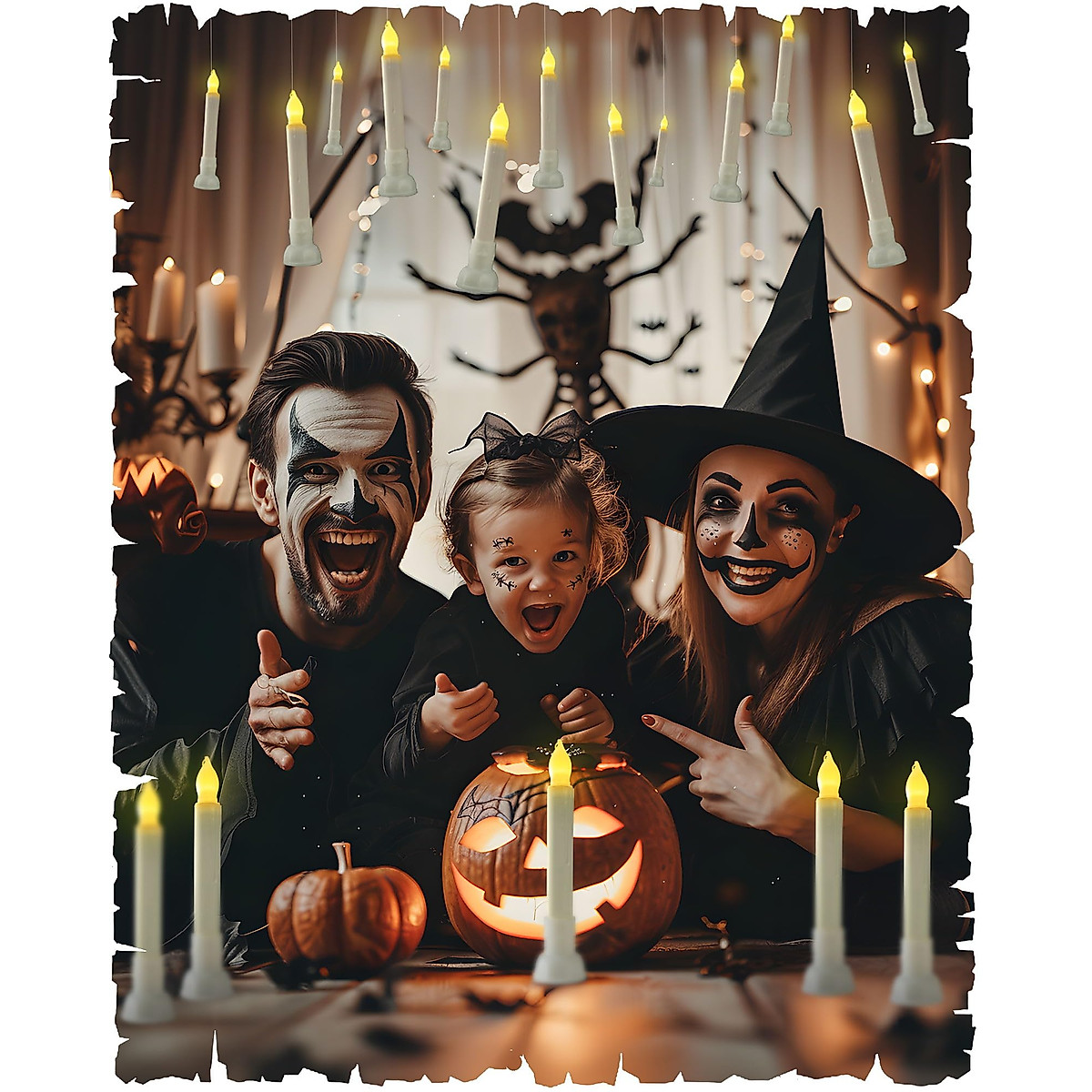 Amagic Batteries Included Floating Candles with Wand Remote, 12pcs Flickering Warm Light Flameless Taper Candles, Magic Hanging Candles with Base for Birthday Party, Halloween Decorations