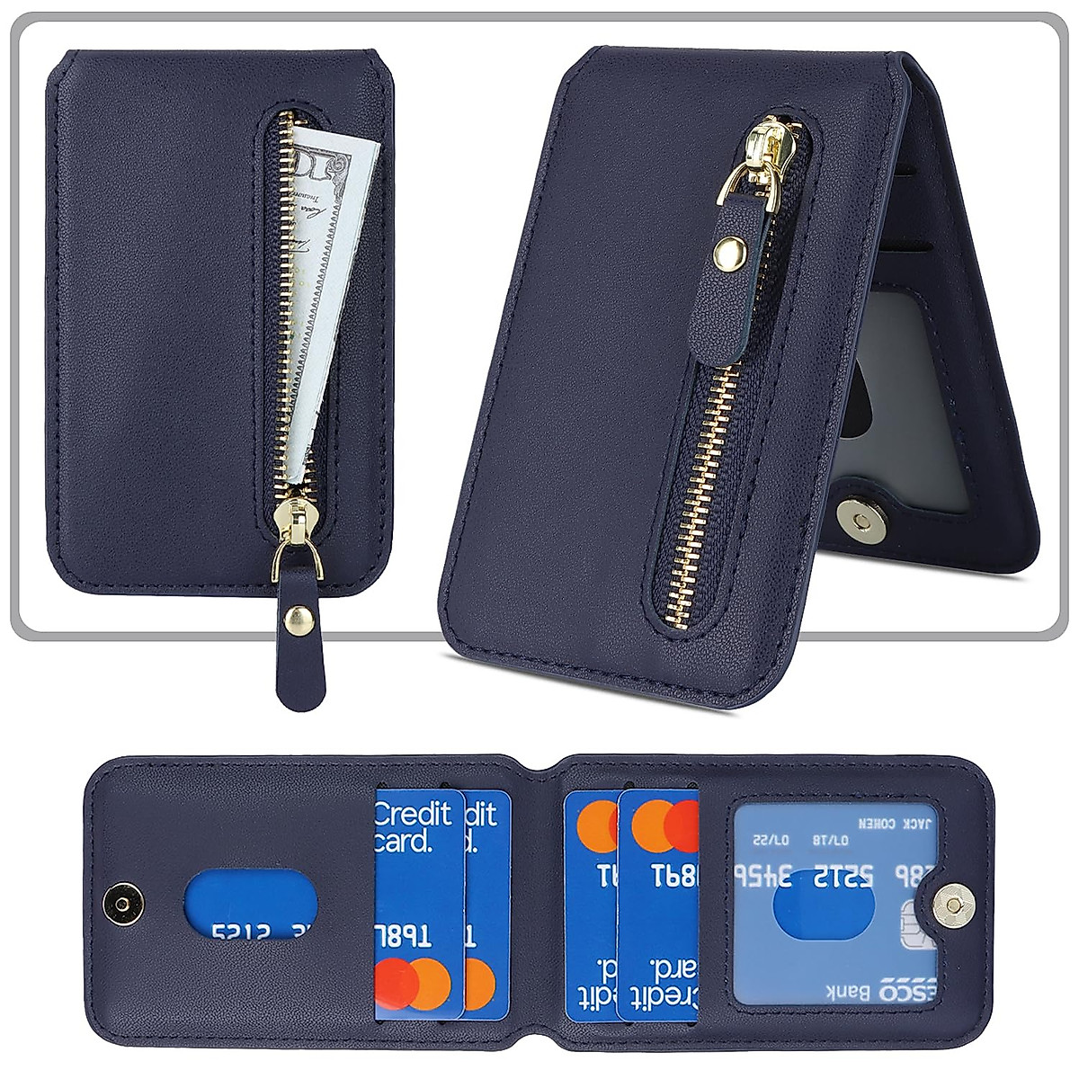 Cavor Compatible with Magsafe Wallet,Wallet with Adjustable Stand,Magnetic Wallet for iPhone 16 Pro Max/14 Pro/15/14 Plus/13/12,Magsafe Card Holder,Magsafe Phone Wallet,Zipper Pocket-Blue