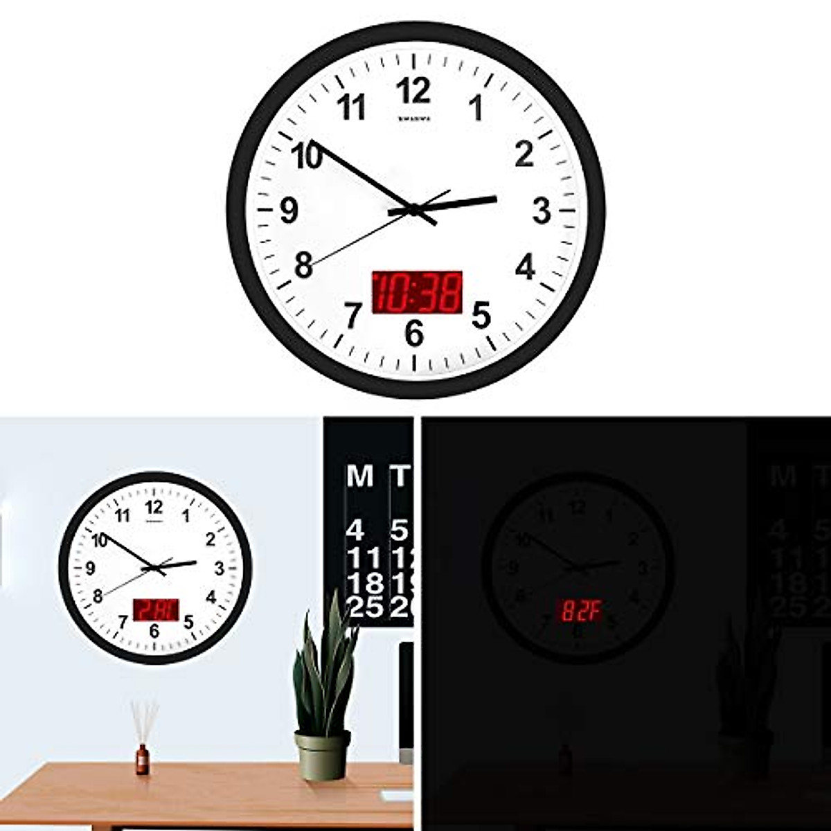 KWANWA 14 Inch Wall Clock with 1.34 inch LED Digital Time/Temperature Display, Battery Powered