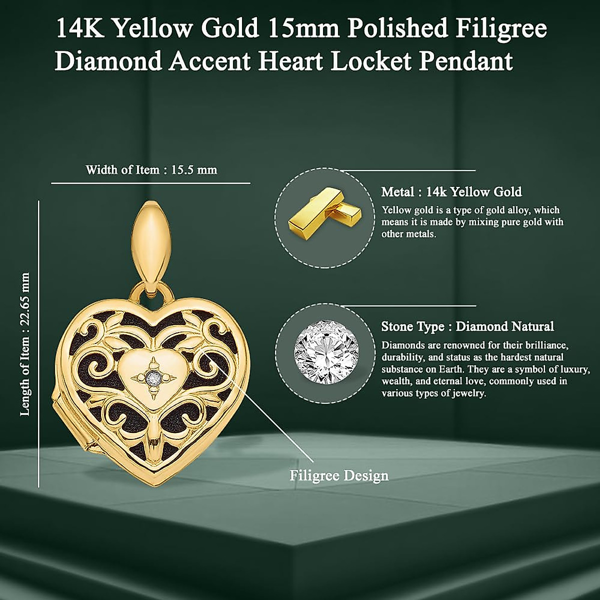 Diamond2Deal 14K Yellow Gold 15mm Polished Filigree Diamond Accent Heart Locket Pendant, 0.01Ct
