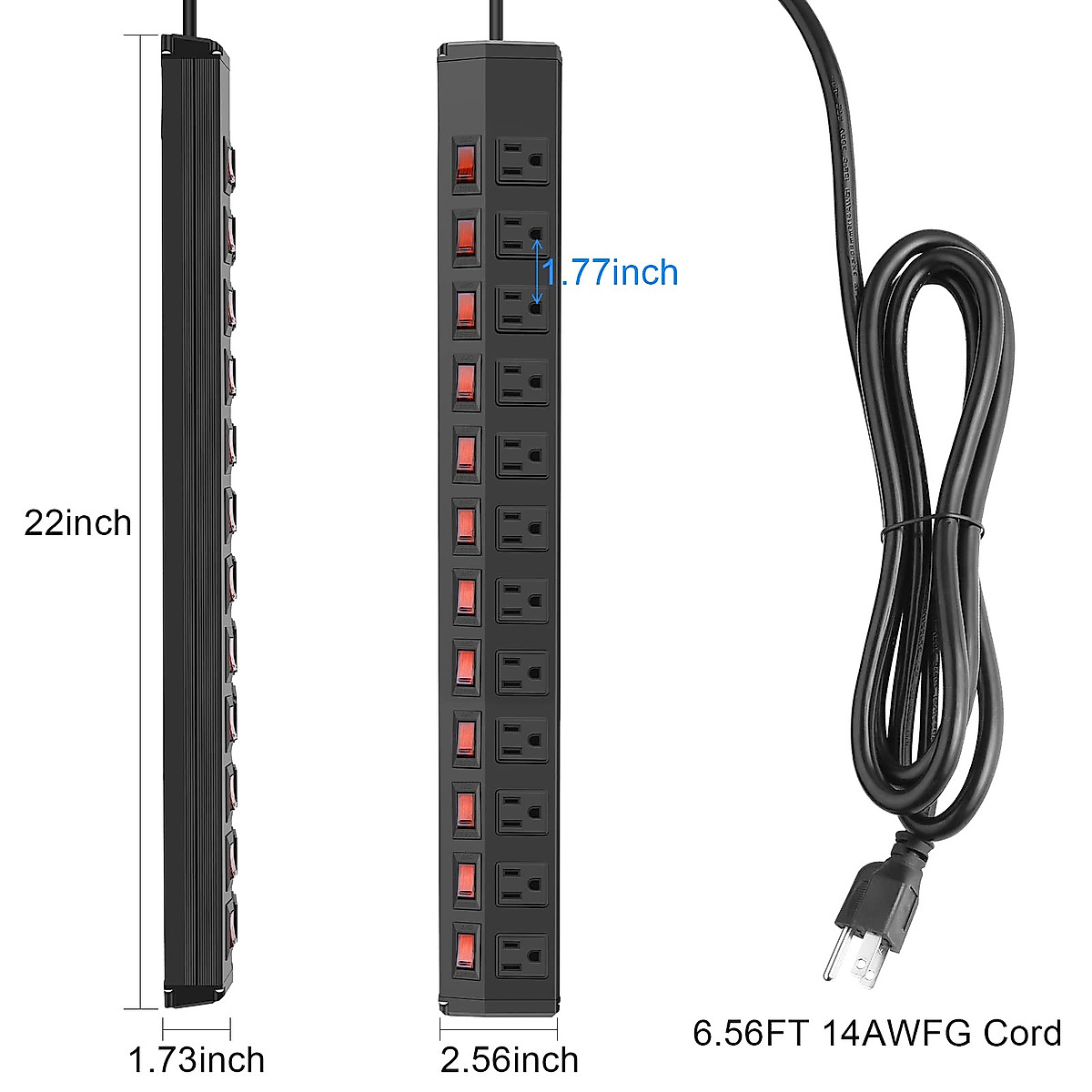 12 Outlet Heavy Duty Power Strip with Individual Switches,Wall Mount Power Strip Surge Protector for Appliances,6FT Cord,1200J 15A 1875W