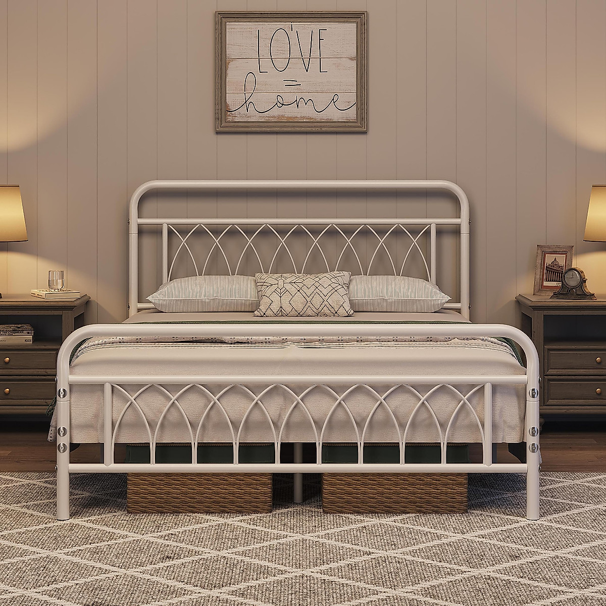 Yaheetech Queen Bed Frame Metal Platform Bed with Petal Accented Headboard/Footboard/14.4 Inch Under Bed Storage/No Box Spring Needed, White