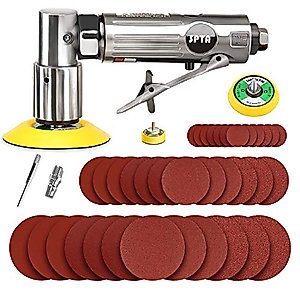 SPTA Mini Air Angle Sander Grinder Air Random Palm Sander Air Orbital Sander with M6 Backing Plate Car Polisher Sets with 36Pcs Mix Grit 80mm, 50mm, 25mm Sanding Disc Sanding Pads